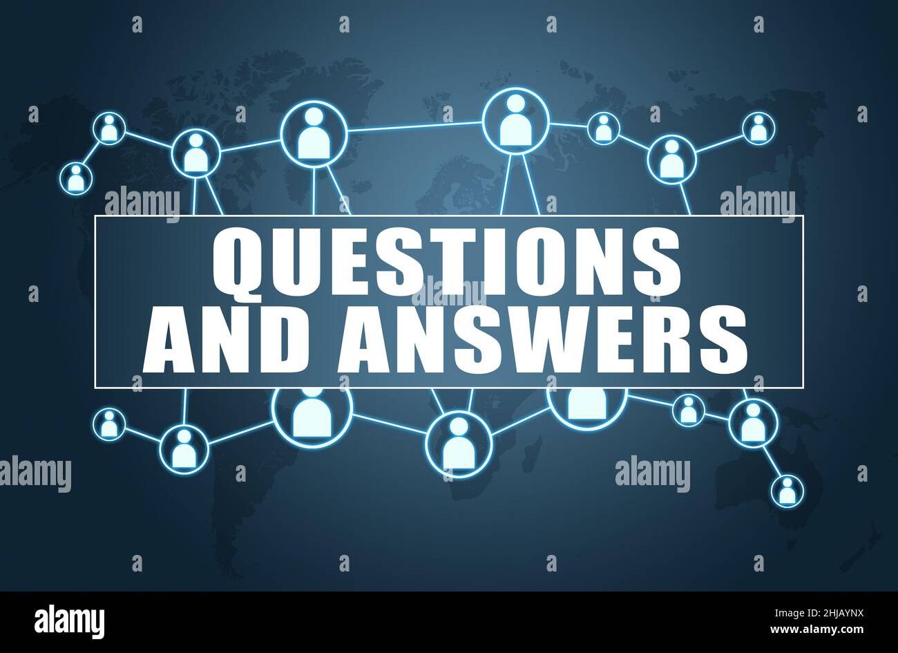 Questions and Answers - text concept on blue background with world map ...
