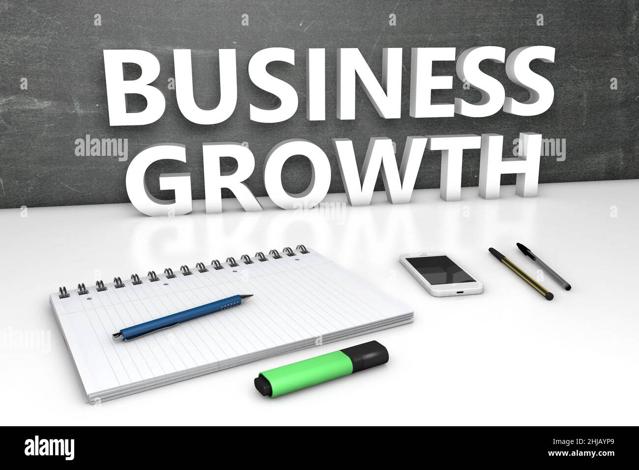Business Growth - text concept with chalkboard, notebook, pens and ...