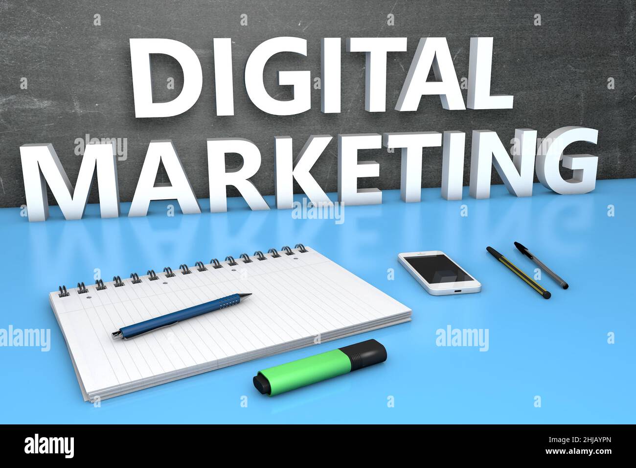 Digital Marketing - text concept with chalkboard, notebook, pens and ...