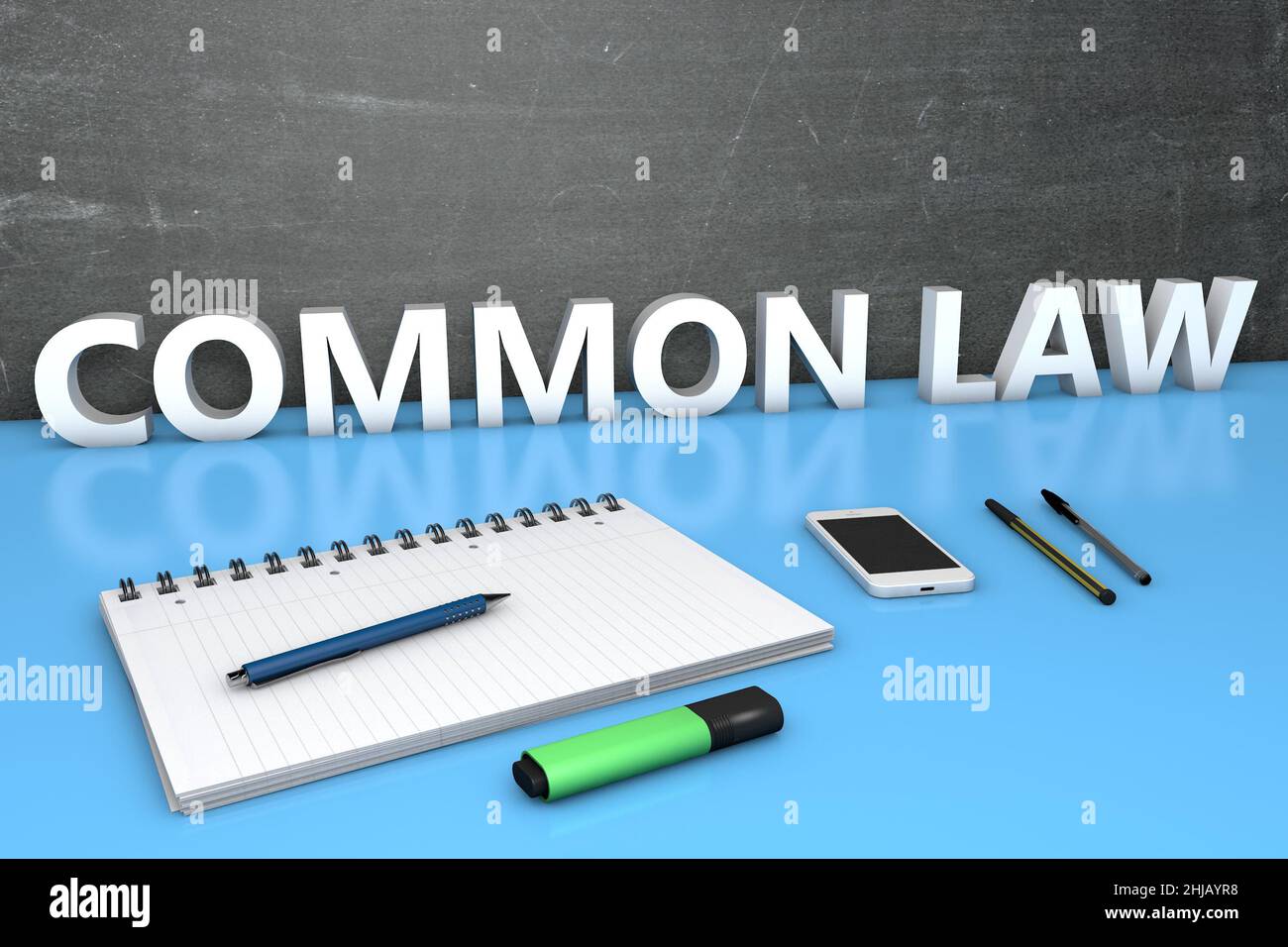 Common Law - text concept with chalkboard, notebook, pens and mobile phone. 3D render ...