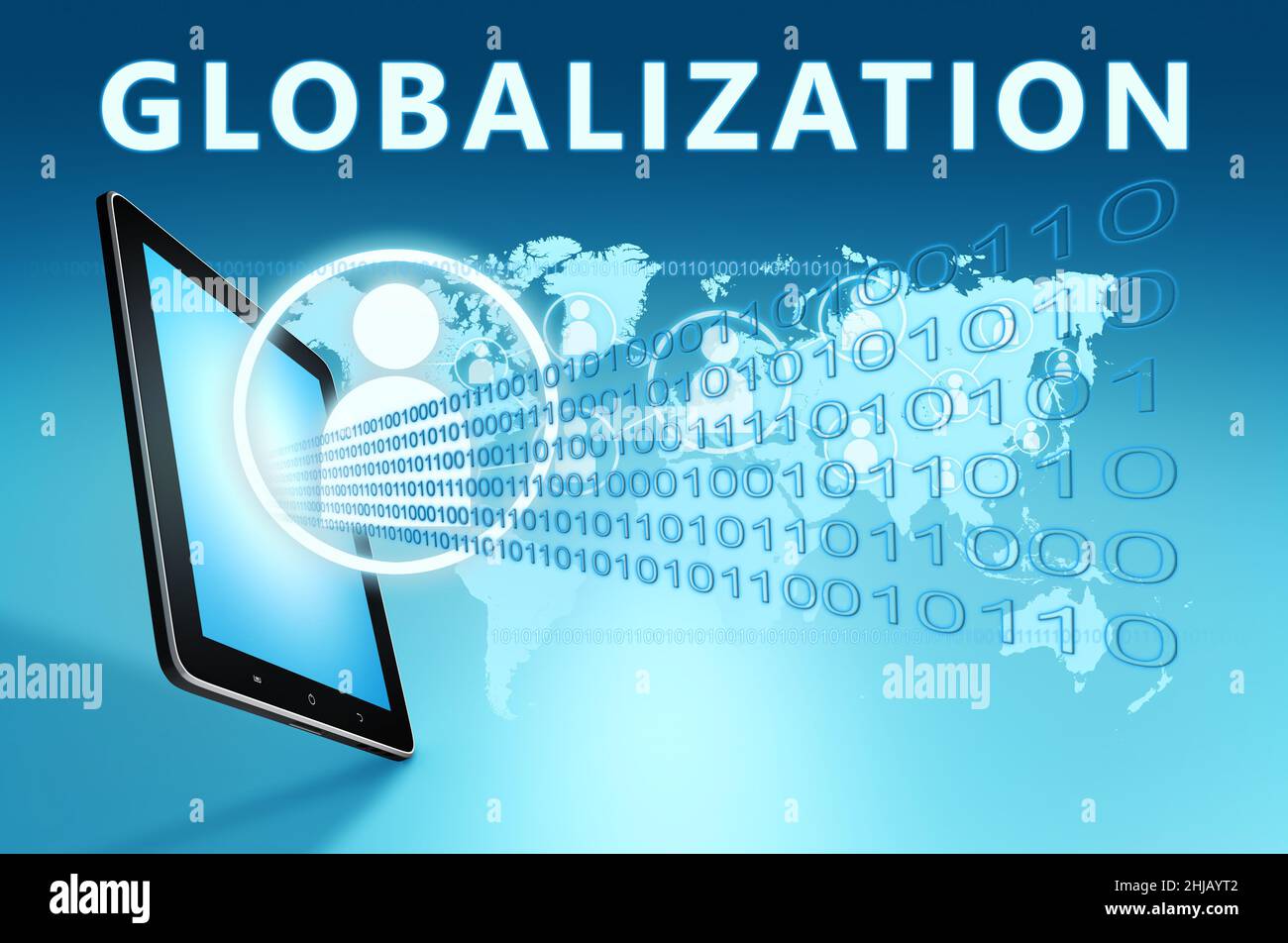 Globalization - text with social icons and tablet computer on blue ...