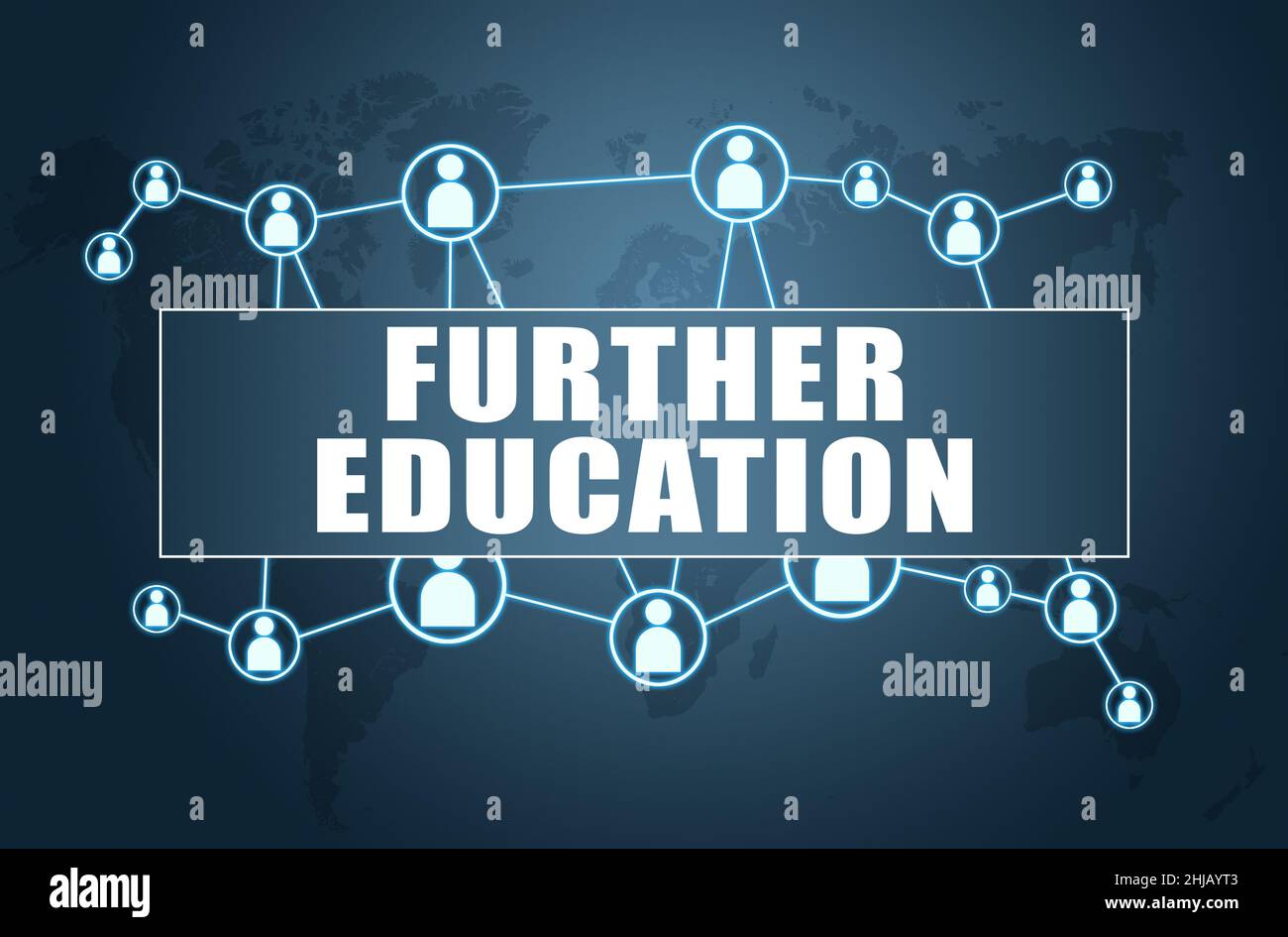 Further Education - text concept on blue background with world map and ...