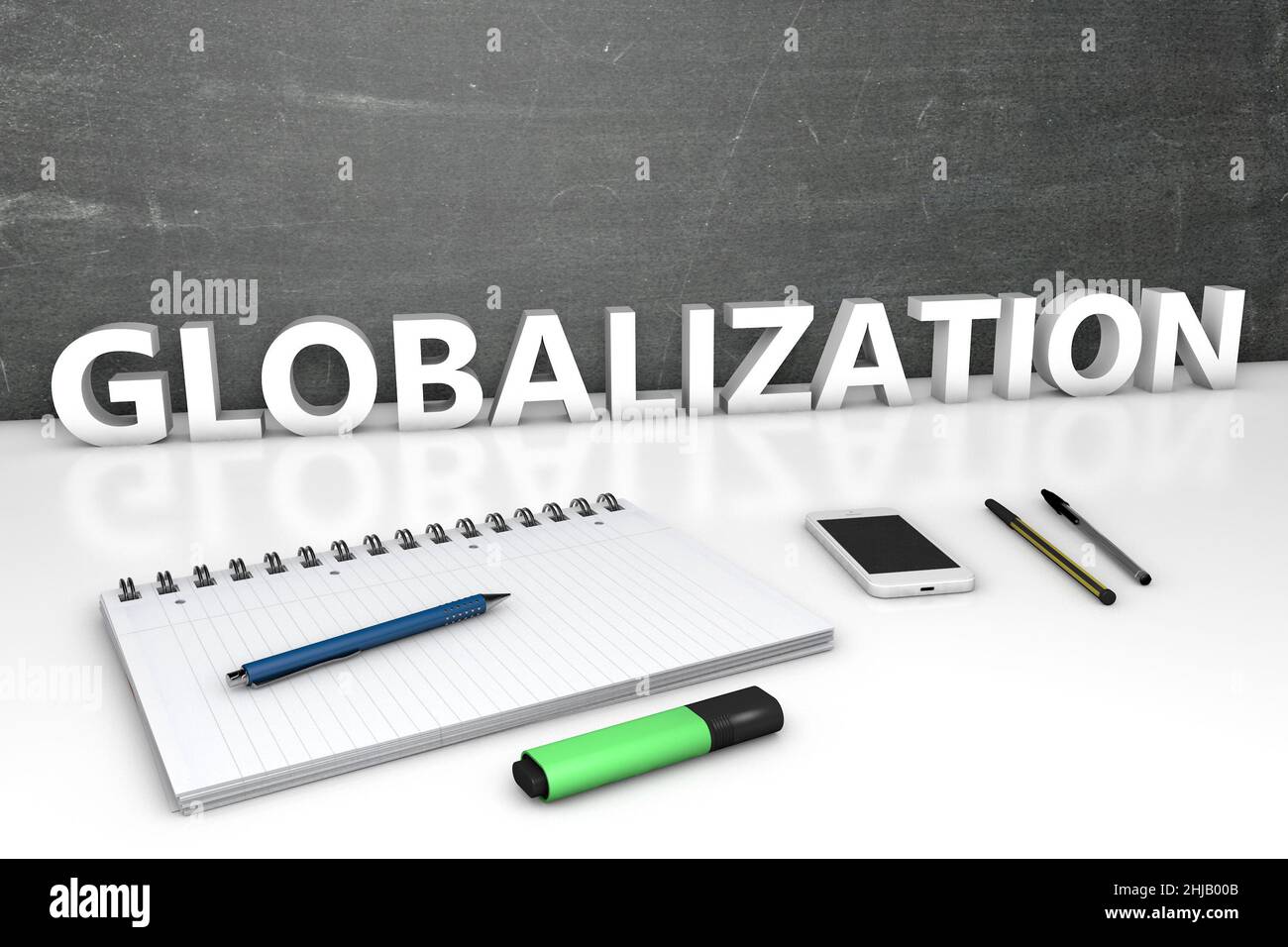 Globalization - text concept with chalkboard, notebook, pens and mobile ...
