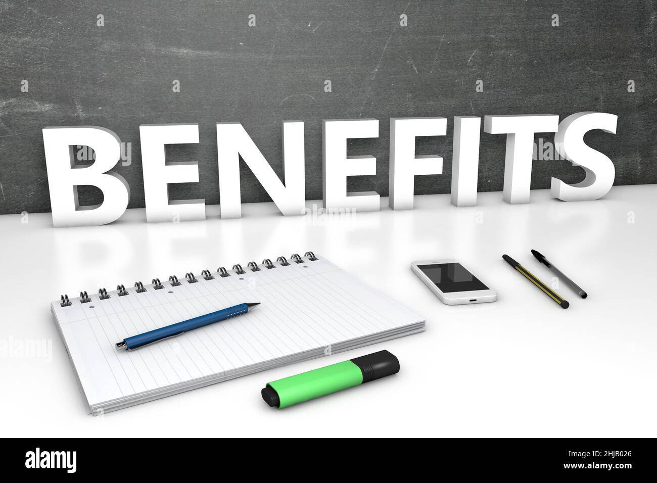 Benefits - text concept with chalkboard, notebook, pens and mobile ...