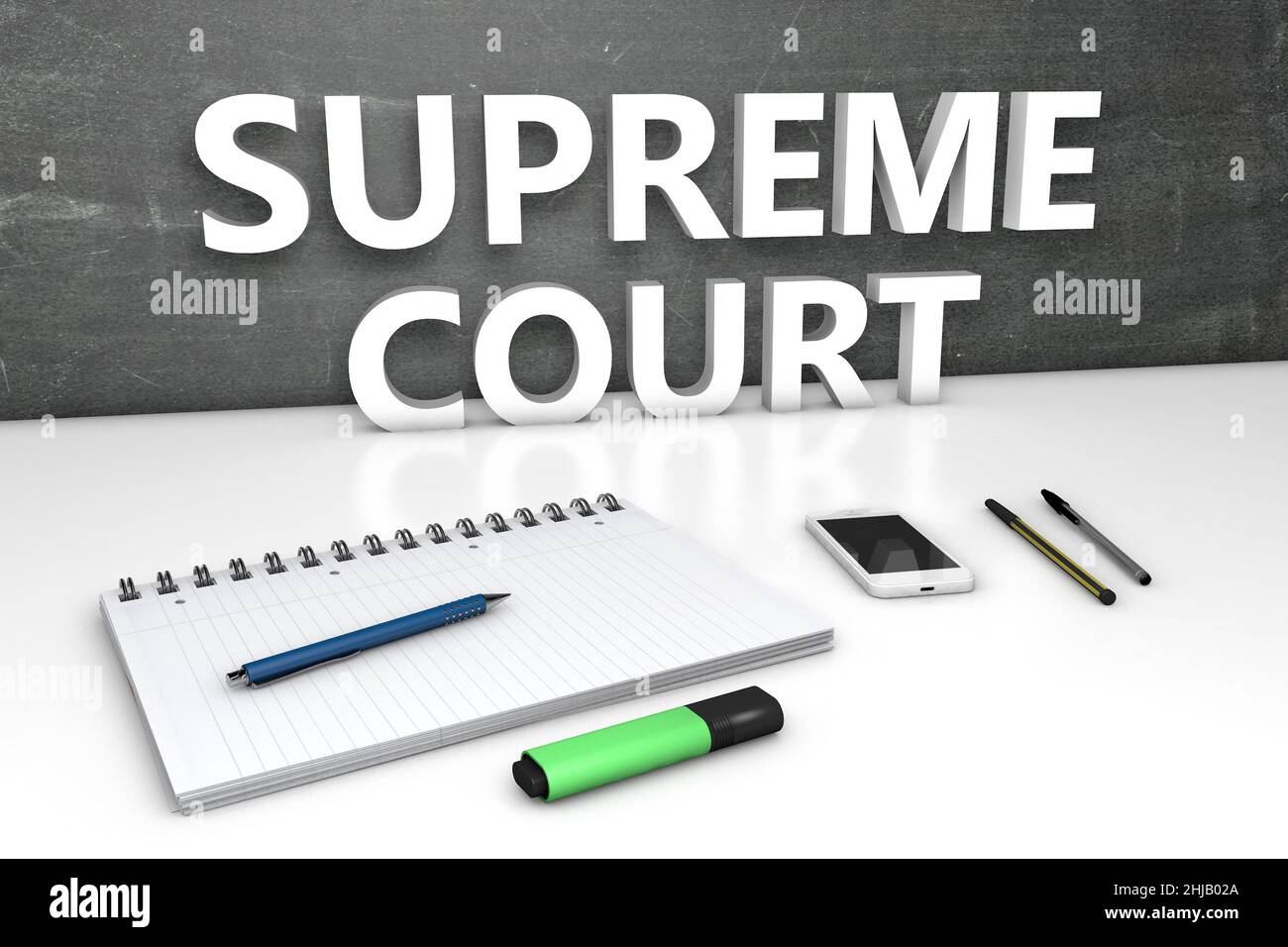 Supreme Court - text concept with chalkboard, notebook, pens and mobile ...