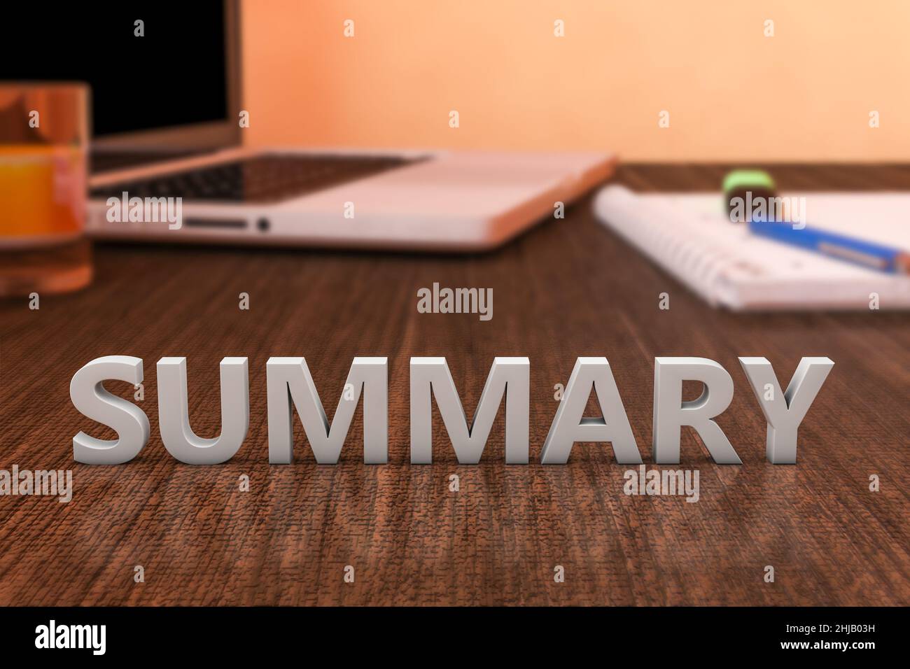 Summary - letters on wooden desk with laptop computer and a notebook ...