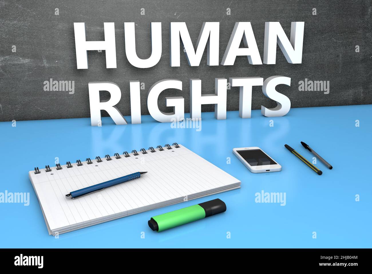 Human Rights - text concept with chalkboard, notebook, pens and mobile ...