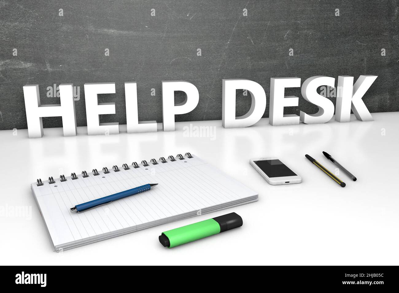 Help Desk - text concept with chalkboard, notebook, pens and mobile ...