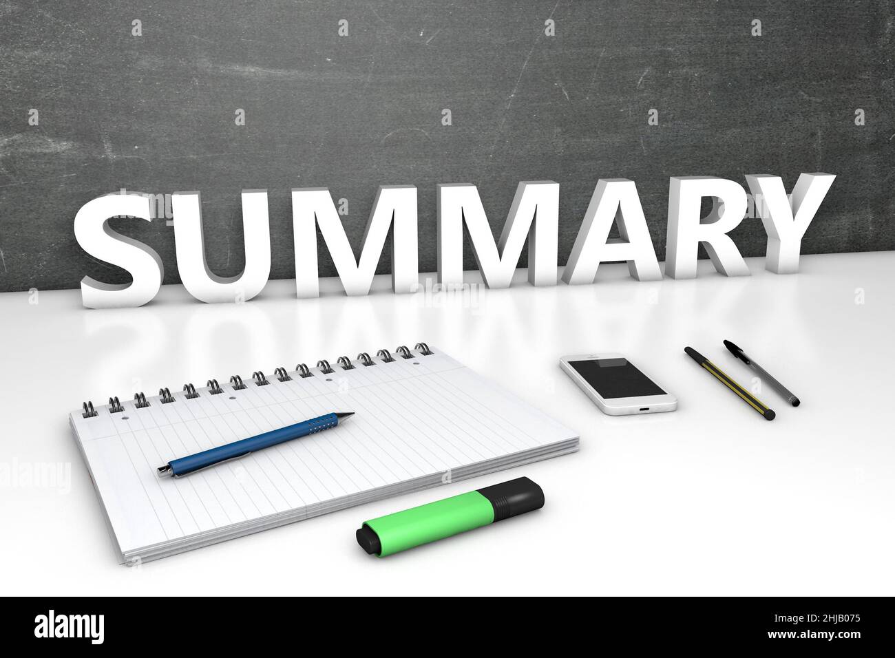 Summary - text concept with chalkboard, notebook, pens and mobile phone ...