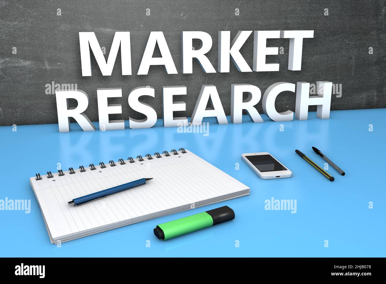 Market Research - text concept with chalkboard, notebook, pens and ...
