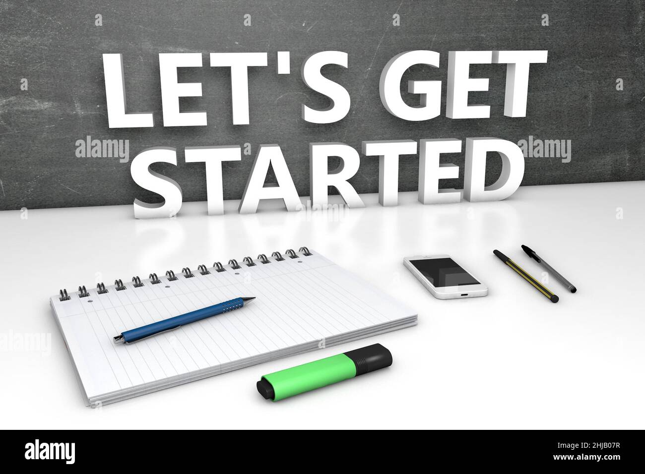 Lets get started - text concept with chalkboard, notebook, pens and ...