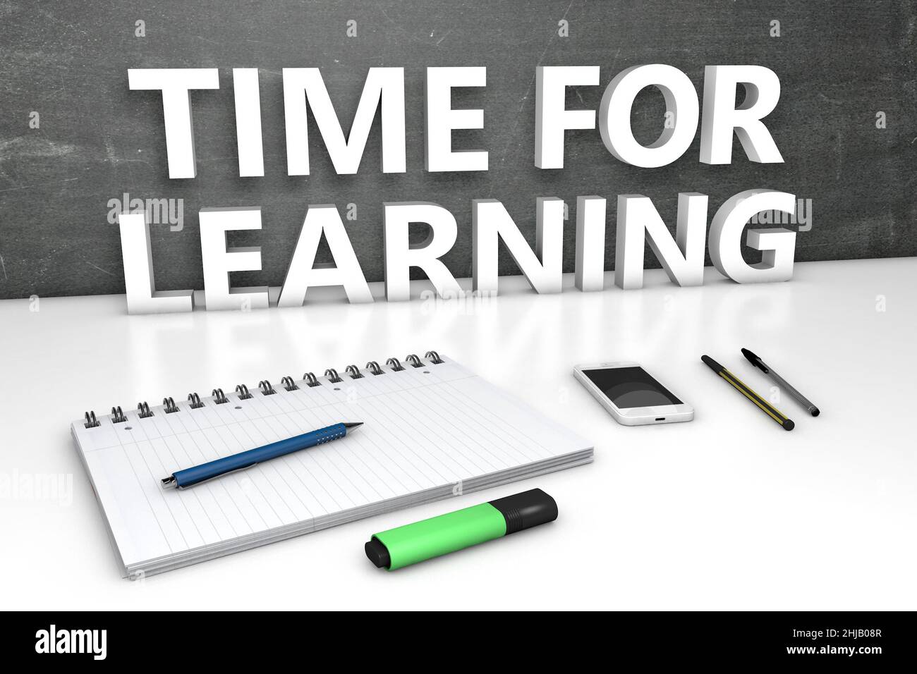 Time for Learning - text concept with chalkboard, notebook, pens and ...