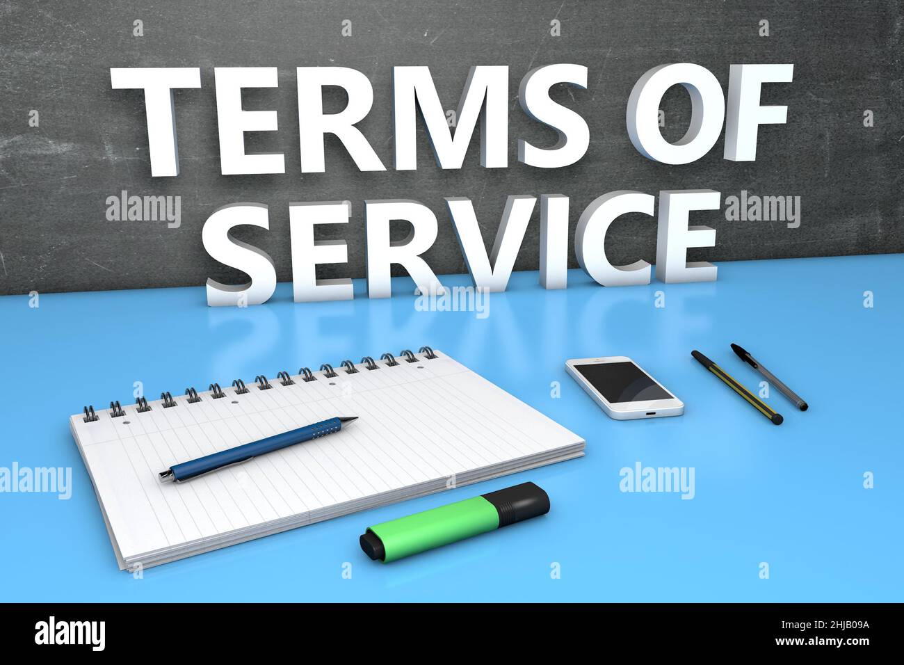 Terms of Service - text concept with chalkboard, notebook, pens and ...
