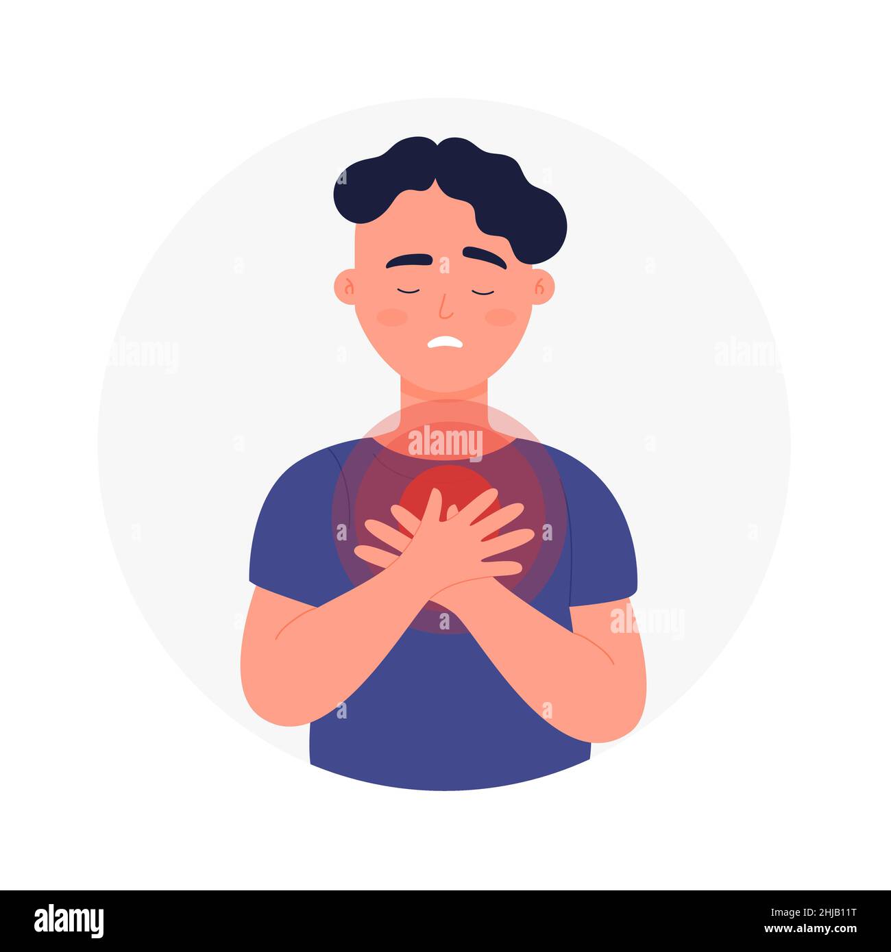 Anxious sad boy suffering from strong chest pain. Discomfort between ...