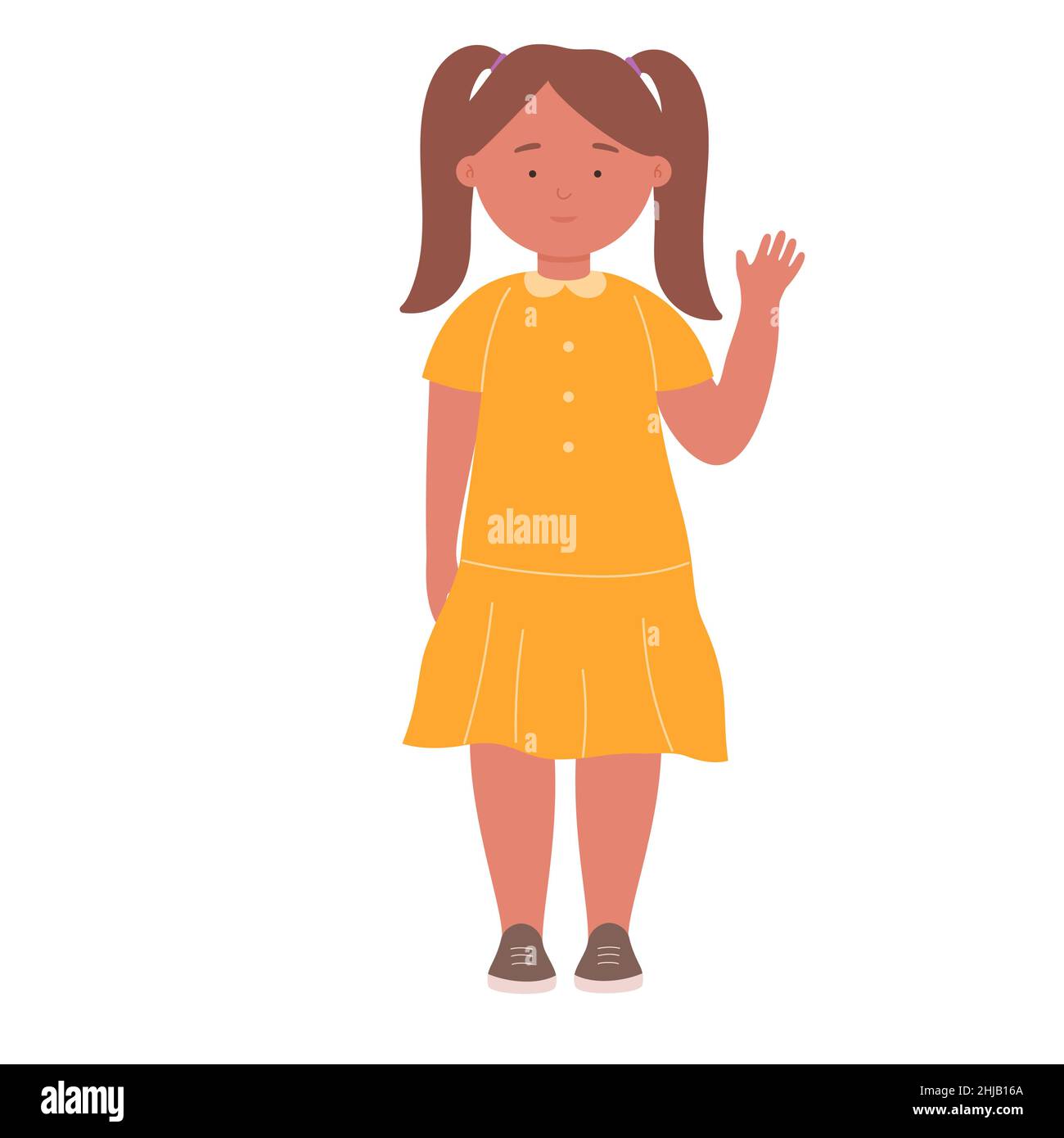 Little beautiful lady showing hello greetings wave. Lovely girl waving ...