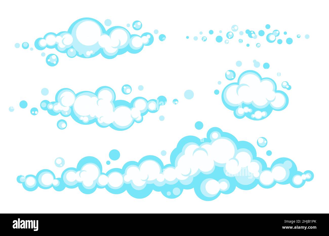 Cartoon soap foam set with bubbles. Light blue suds of bath, shampoo ...