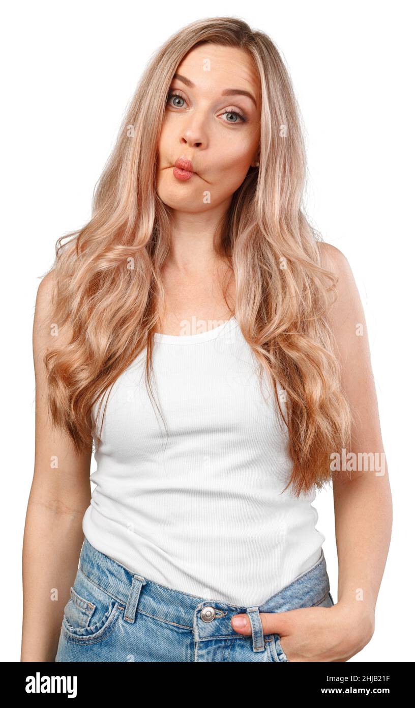 Silly young woman making fish face isolated on white background Stock ...