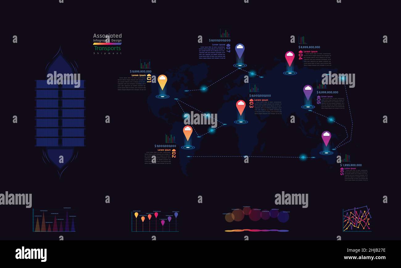 shipment transports associated company factory world map mark point ...