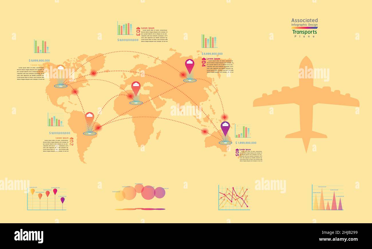plane transports associated company factory world map mark point ...