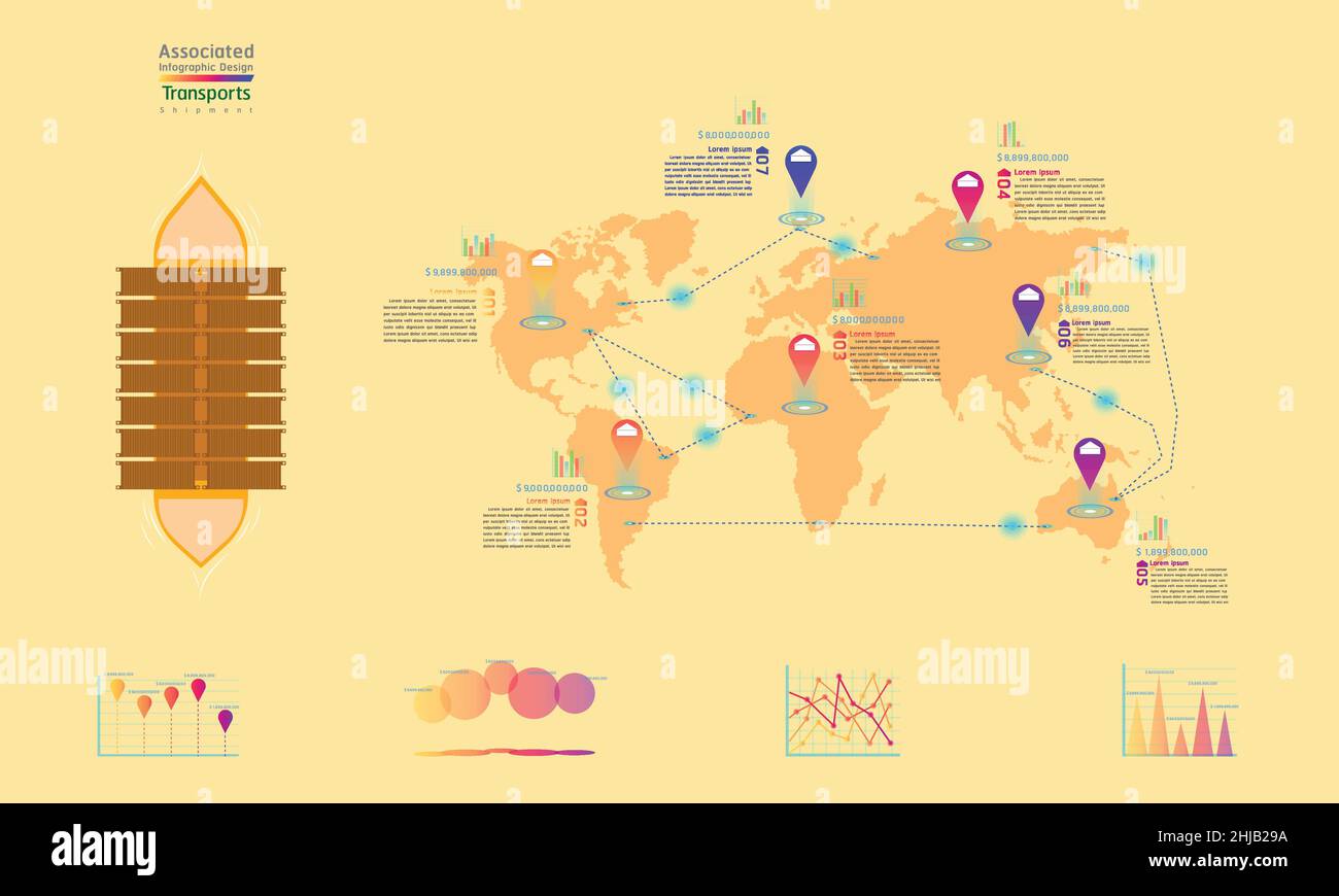 shipment transports associated company factory world map mark point ...