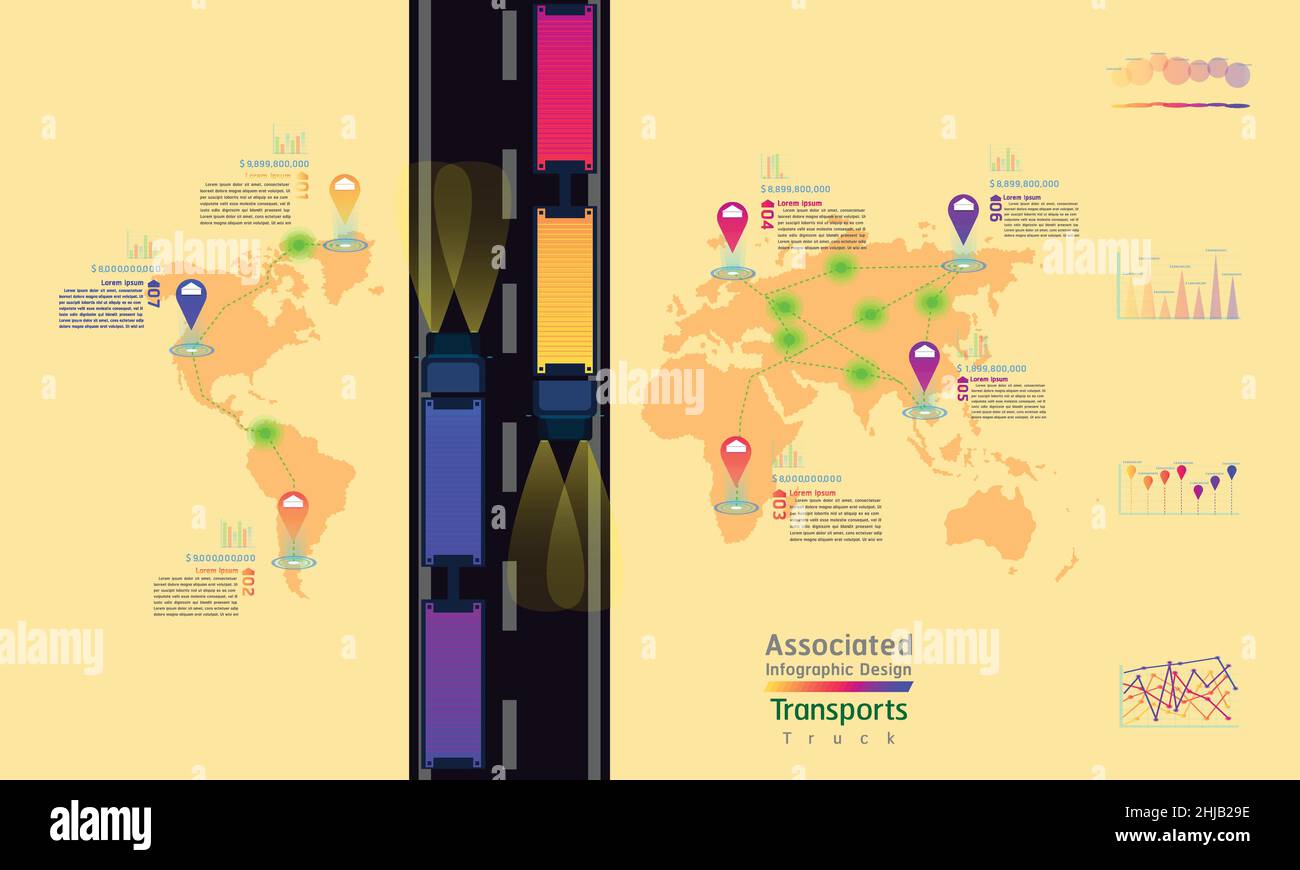 truck transports associated company factory world map mark point ...