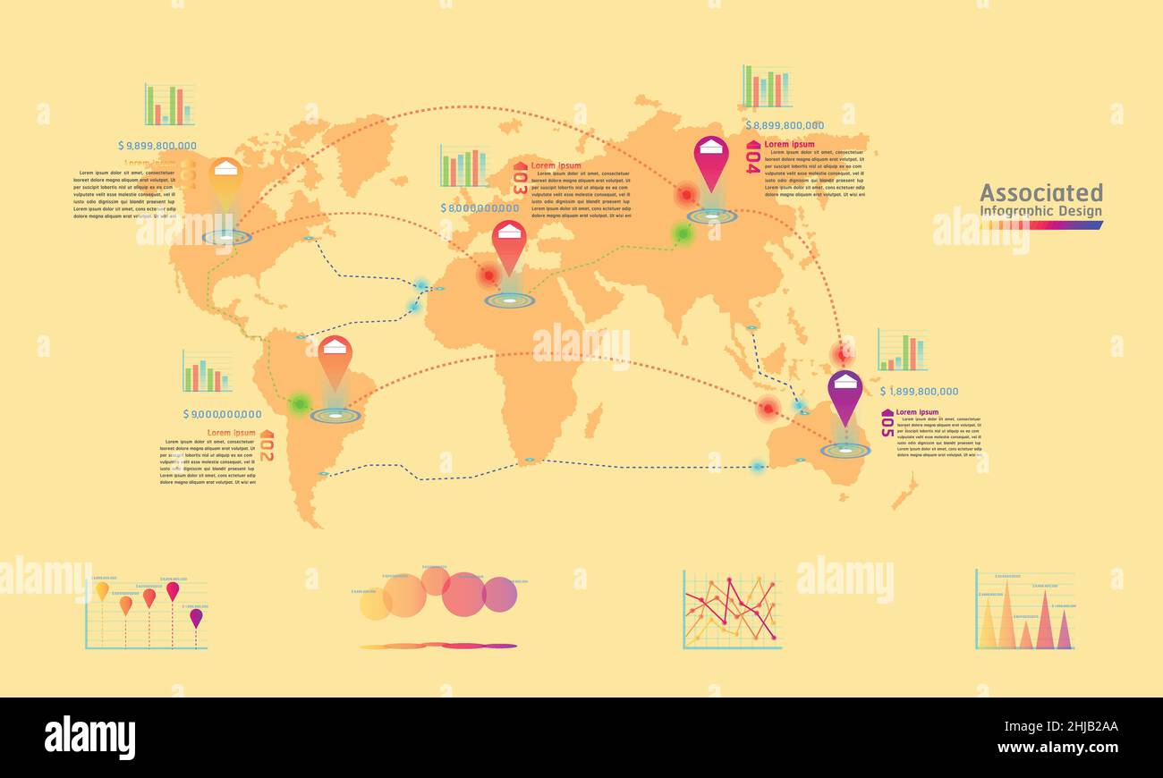 associated company factory world map mark point infographic design with ...