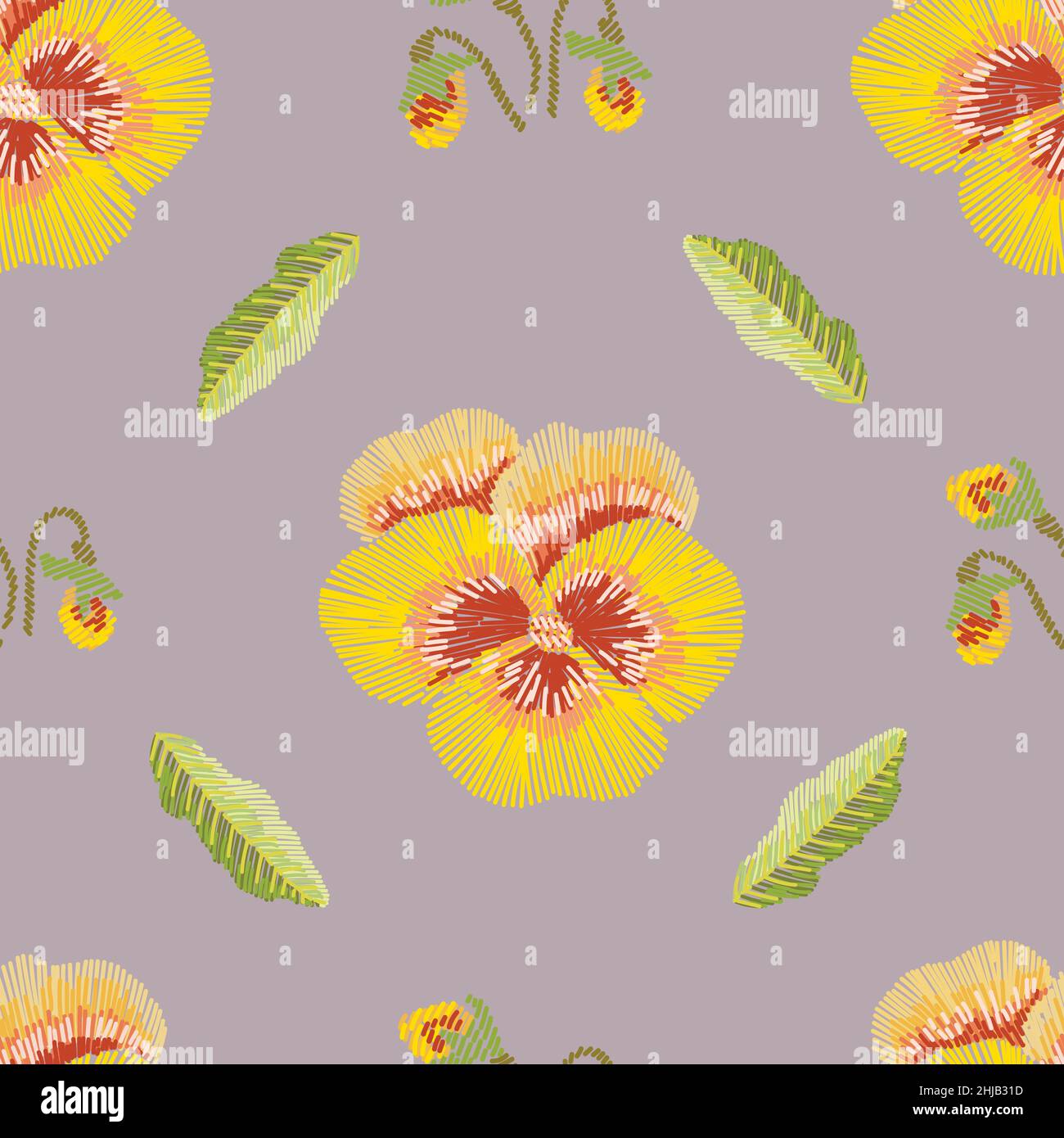 Hand drawn viola flowers in embroidery style seamless pattern Stock ...
