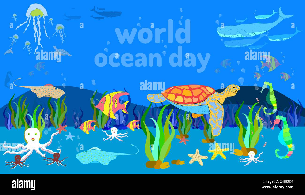 underwater sea animal. world ocean day. doodle hand drawing colorful ...