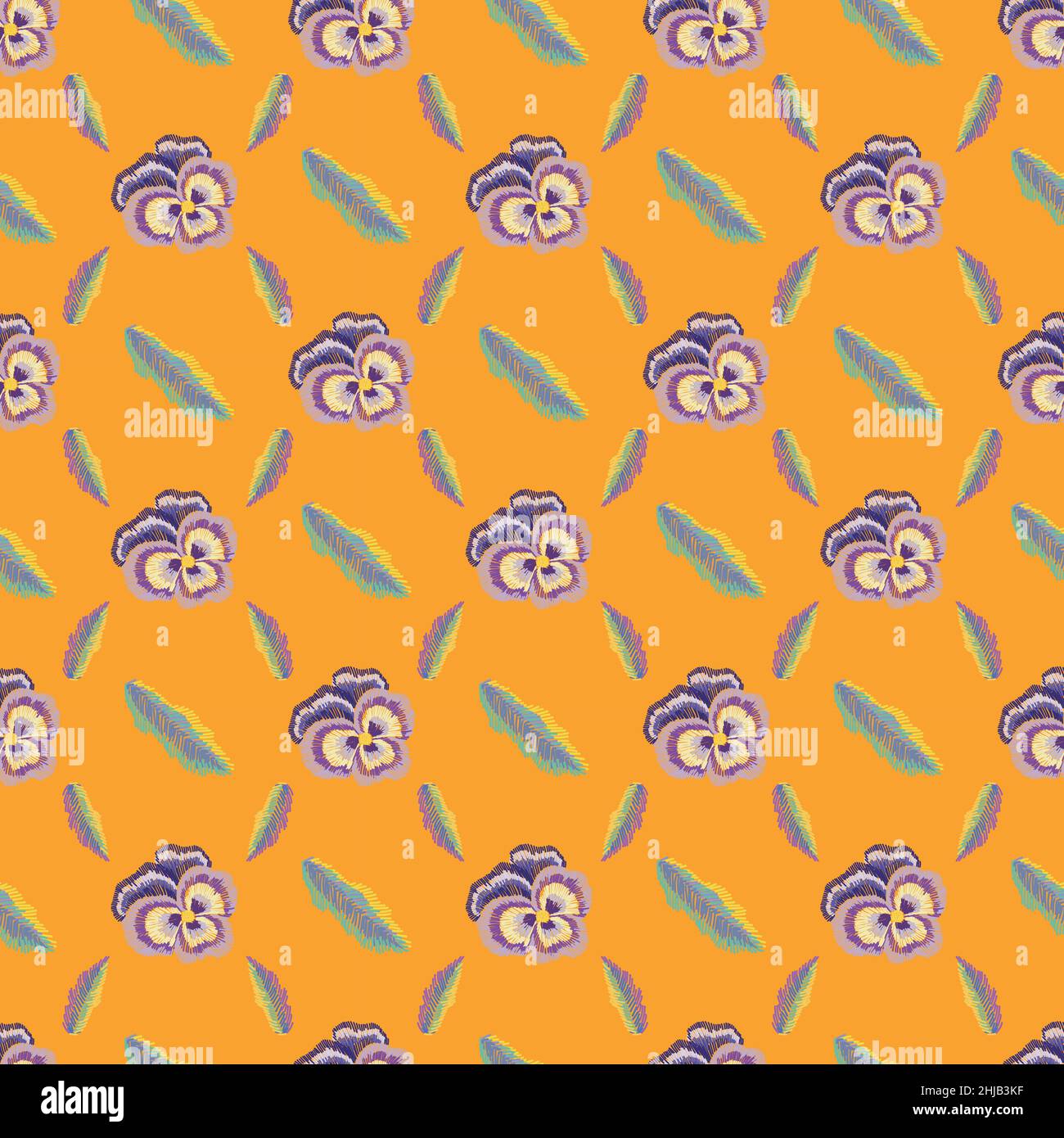 Hand drawn viola flowers in embroidery style seamless pattern Stock ...