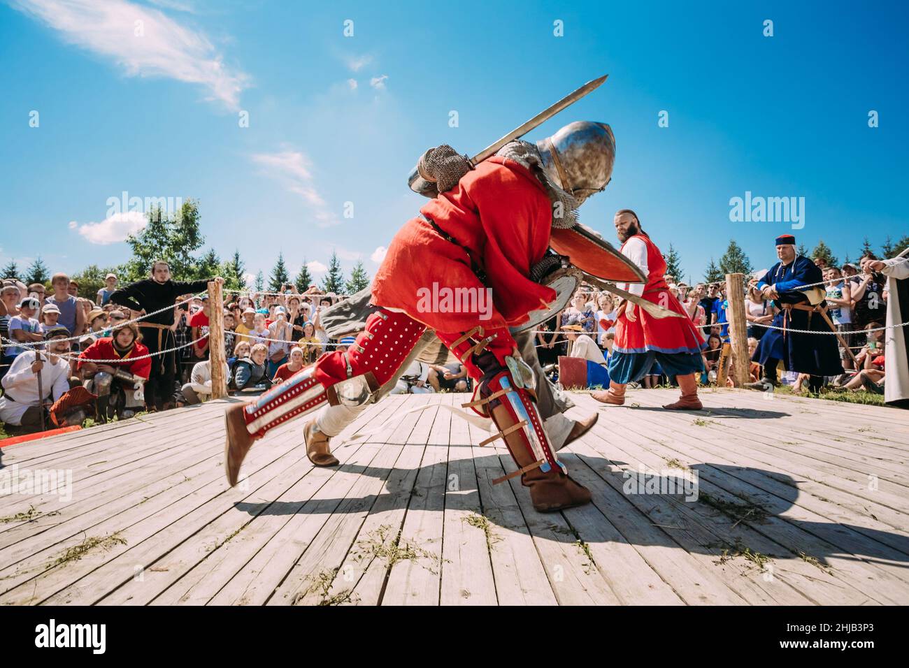 Knights In Fight With Sword. Restoration Of Knightly Battle Stock Photo ...