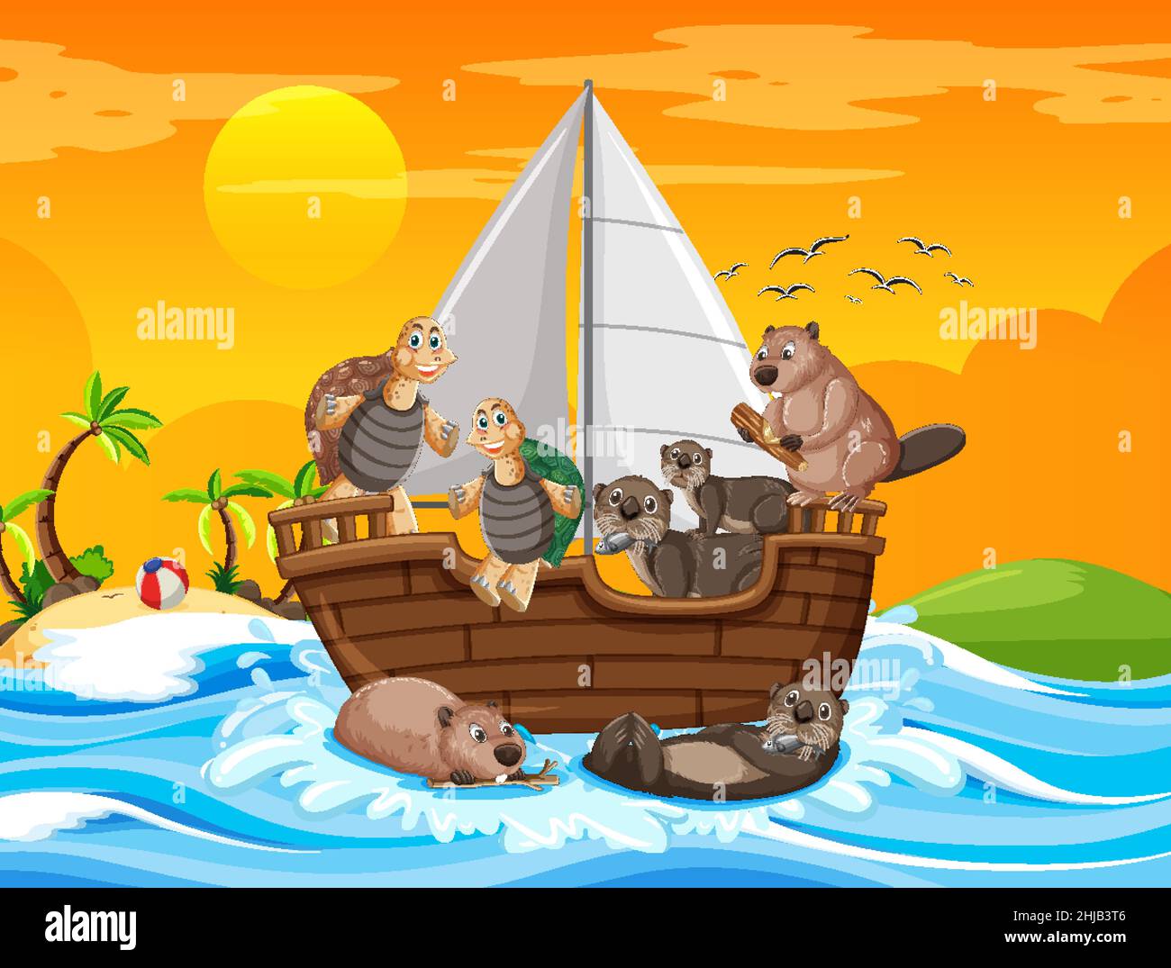 Ocean scene with wild animals on a sailboat illustration Stock Vector ...