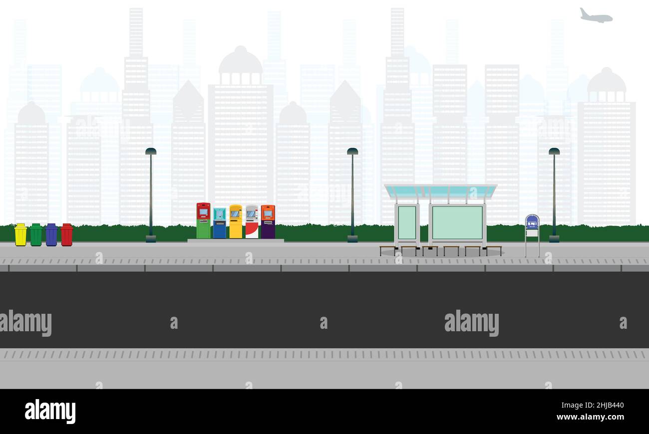 outdoor road in the city bus stop station atm bin pole lamp sign ...