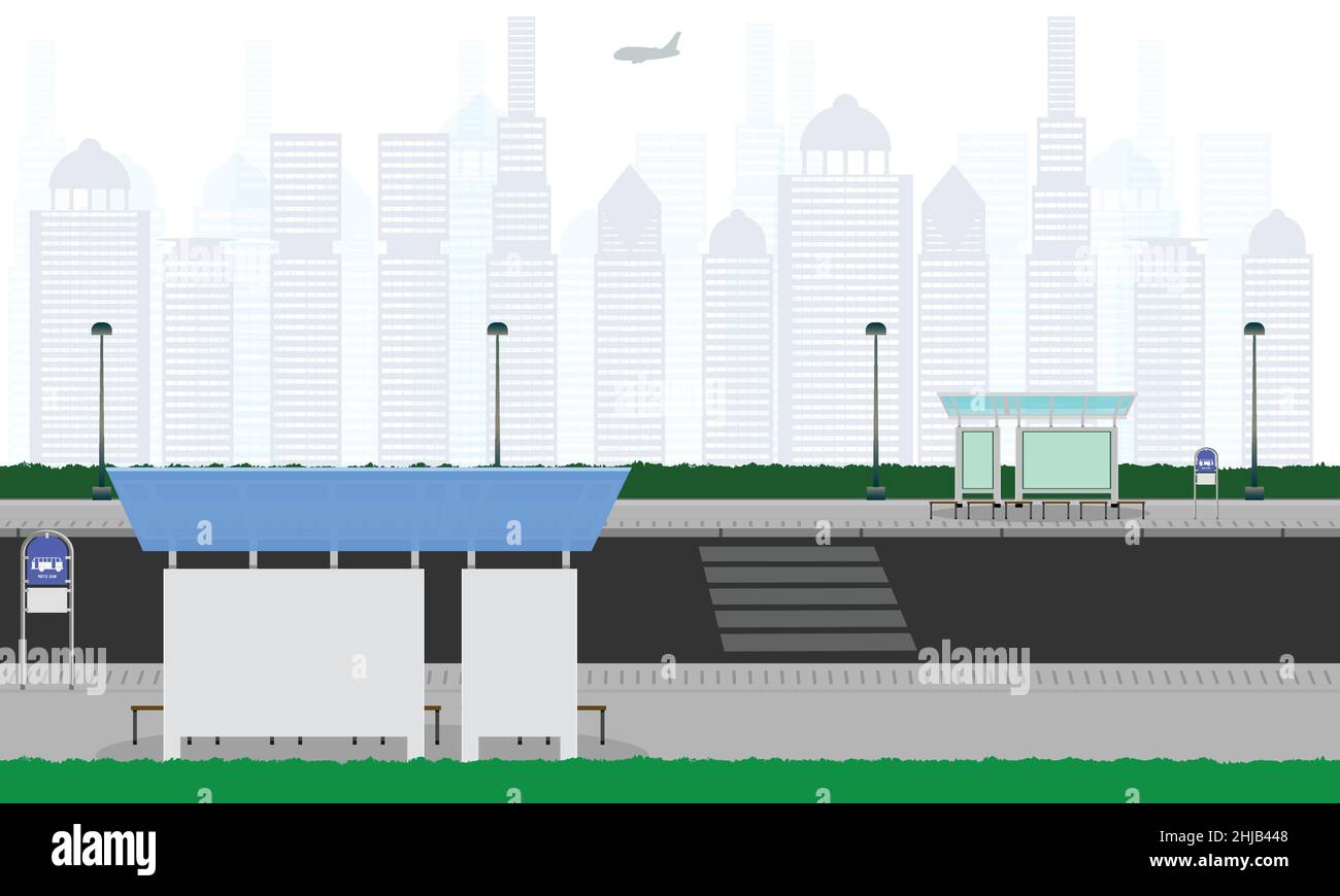 outdoor across road in the city bus stop station atm bin pole lamp sign ...