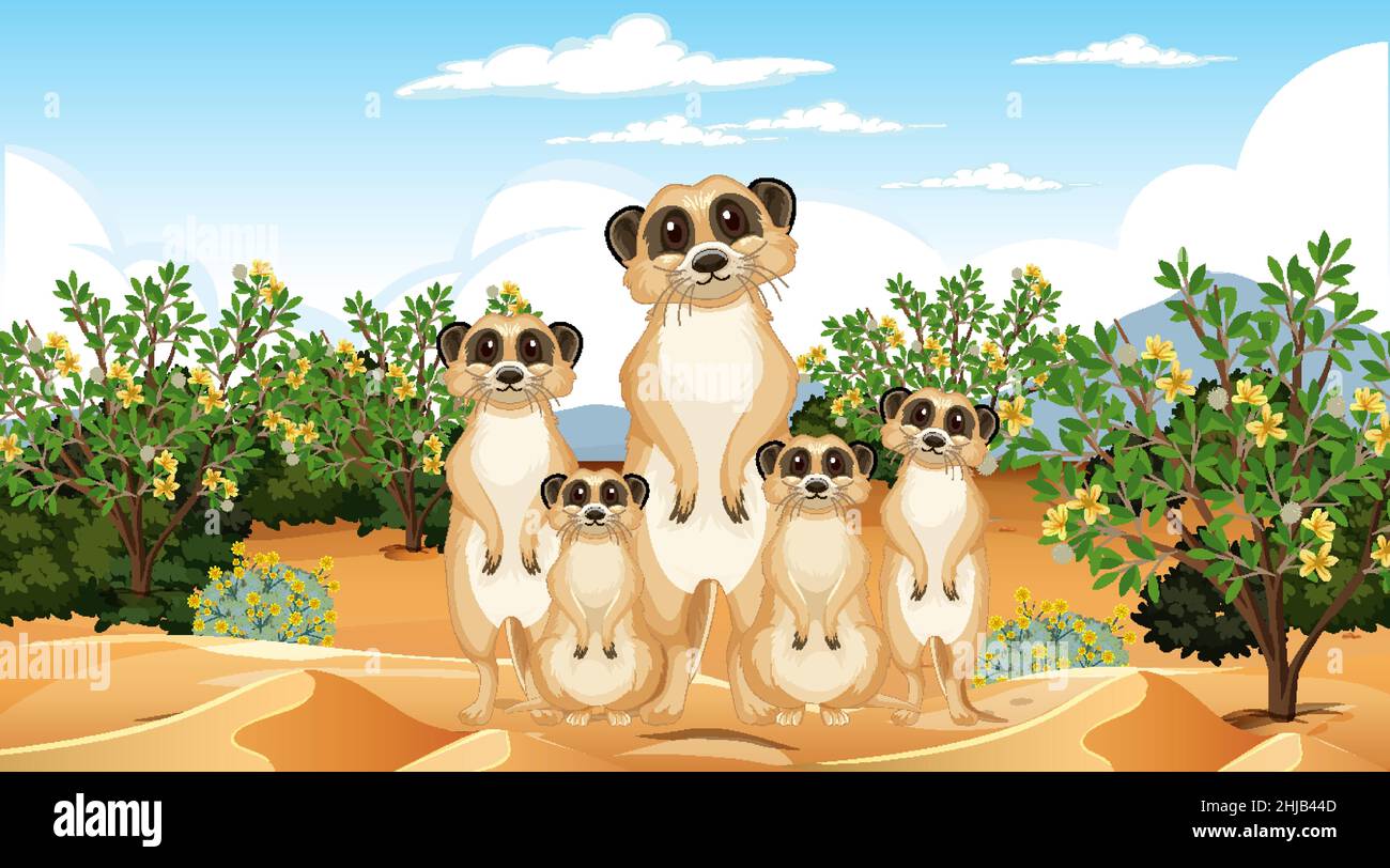 Meerkats in desert forest landscape illustration Stock Vector Image ...