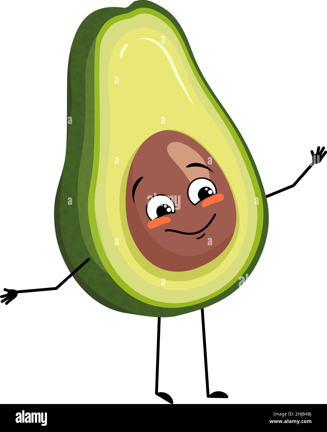 Avocado character with happy emotion, joyful face, smile eyes, arms and ...