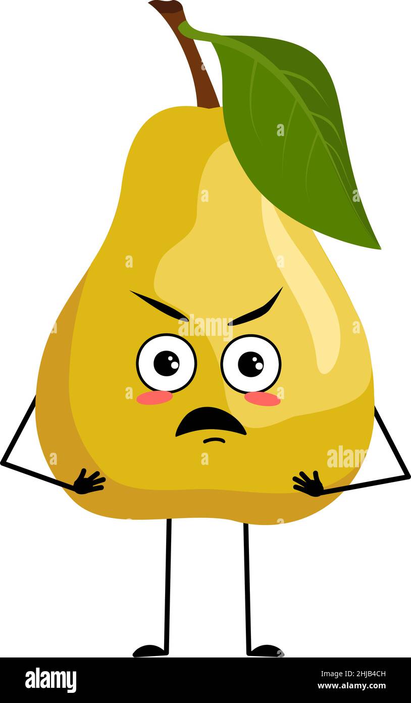 Pear character with angry emotions, grumpy face, furious eyes, arms and ...