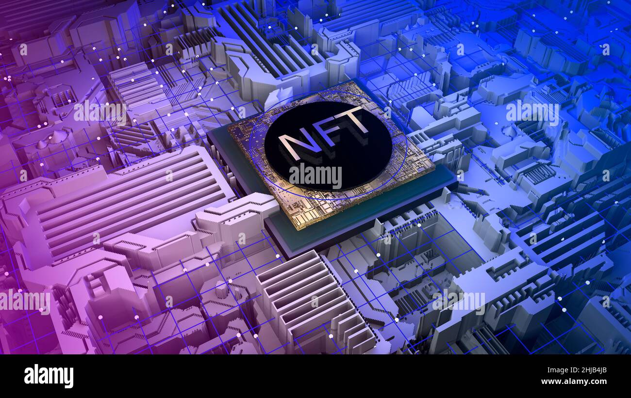 NFT 3d image. Blockchain Non Fungible Token idea. Computer chip NFT on ...