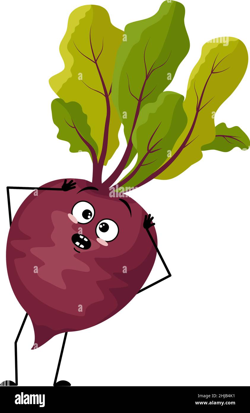Beet character with emotions in panic grabs his head, surprised face ...