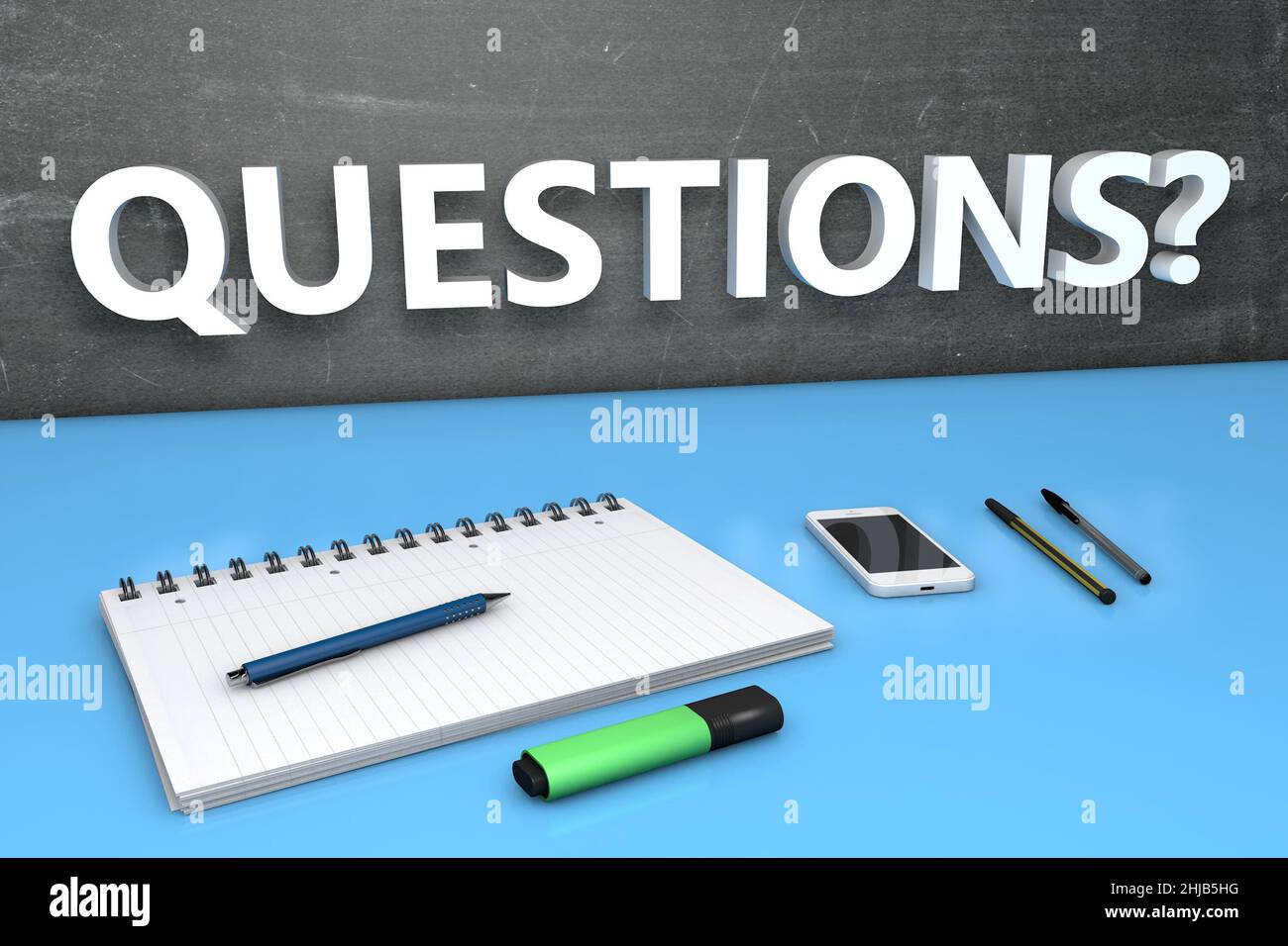 Questions - text concept with chalkboard, notebook, pens and mobile ...
