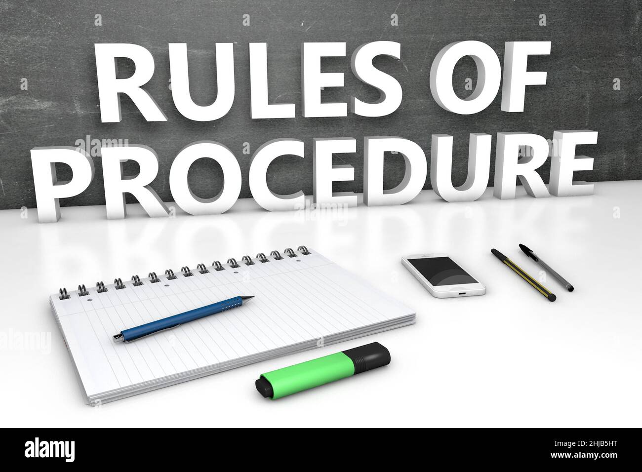 Rules of Procedure - text concept with chalkboard, notebook, pens and ...