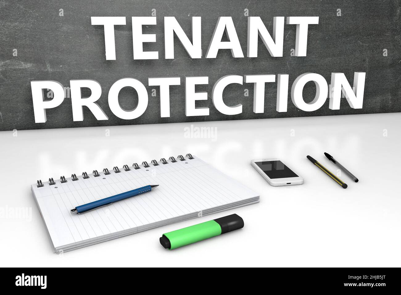 Tenant Protection - text concept with chalkboard, notebook, pens and ...