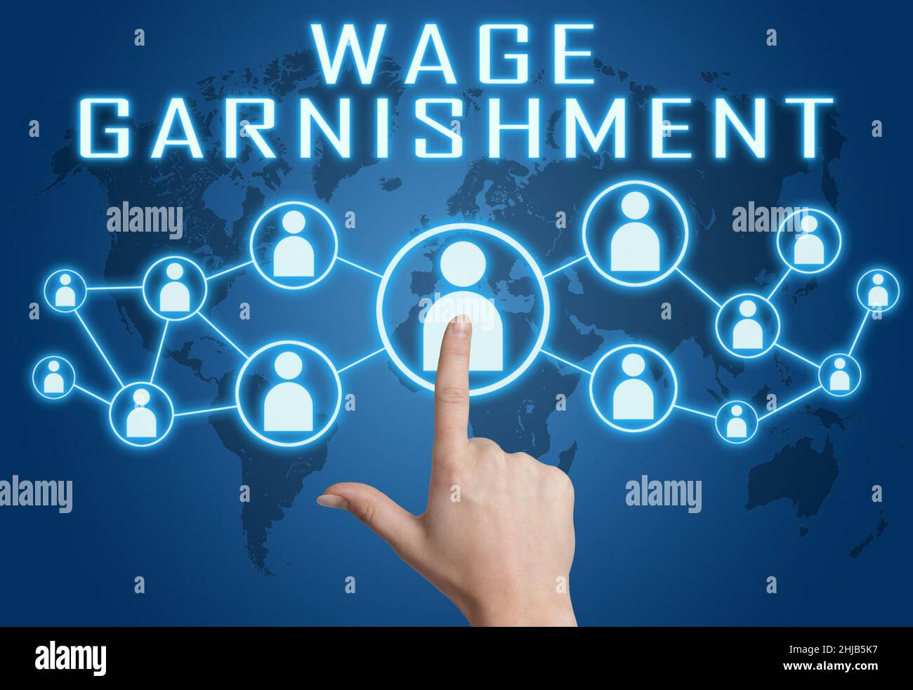 Wage Garnishment - text concept with hand pressing social icons on blue ...
