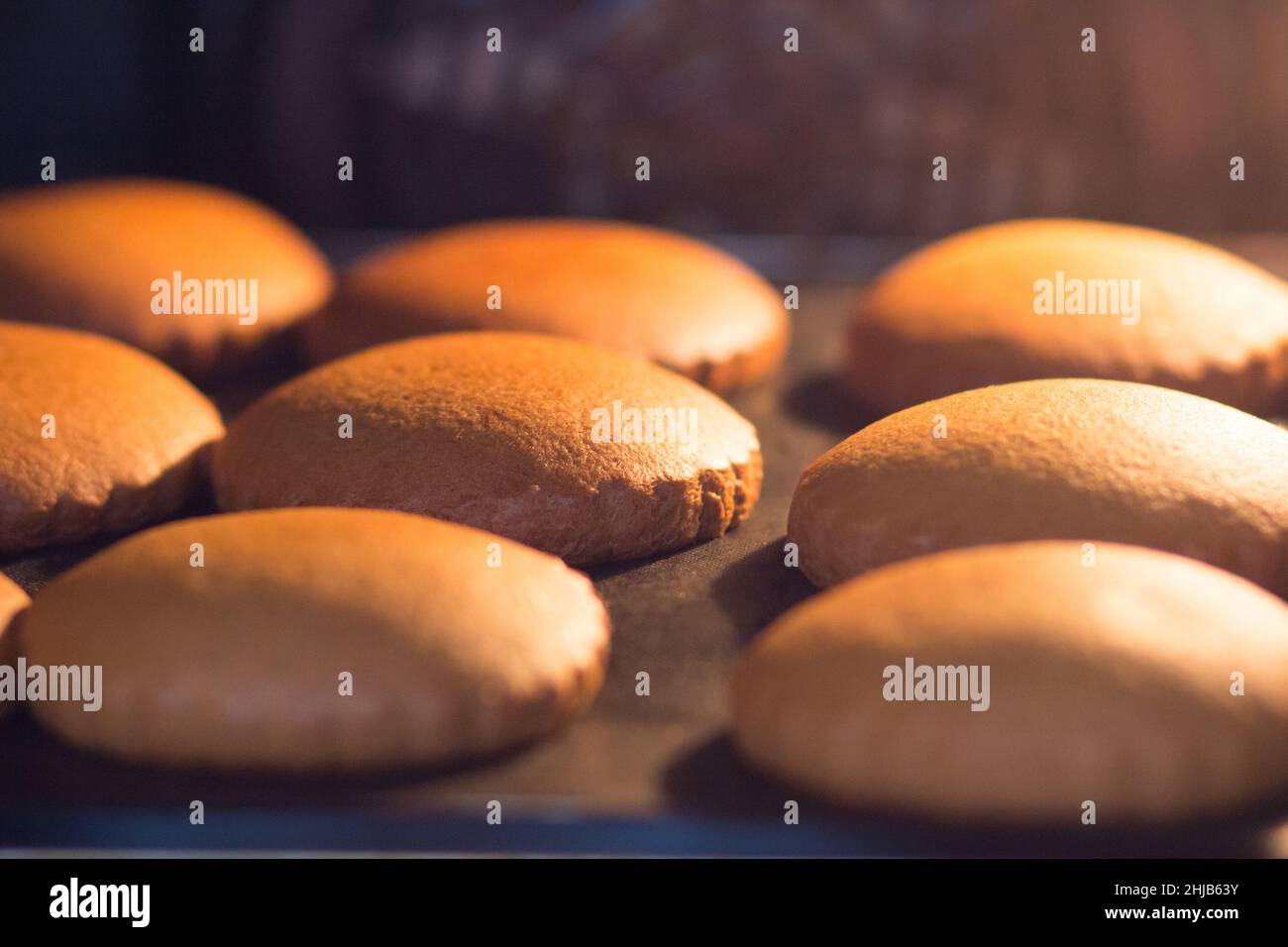 Round gingerbread cookies raising up in oven during baking Stock Photo ...