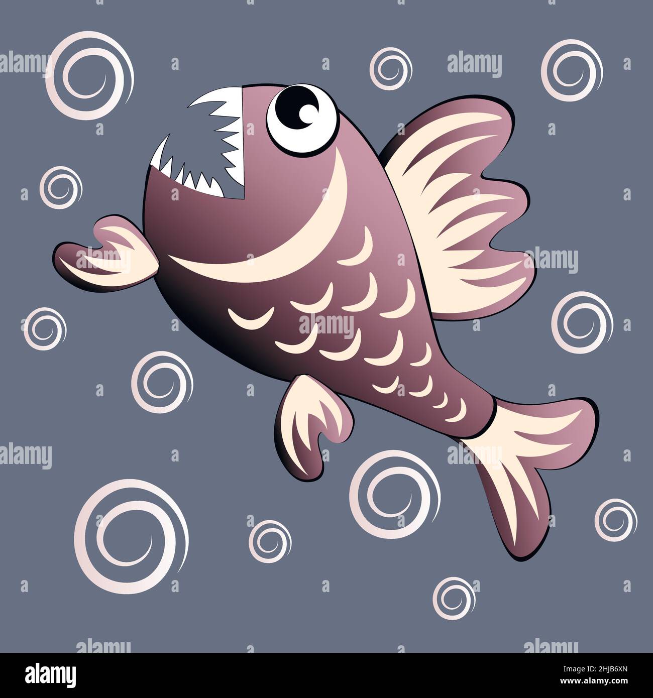 The illustration on a square background is a predatory evil piranha ...