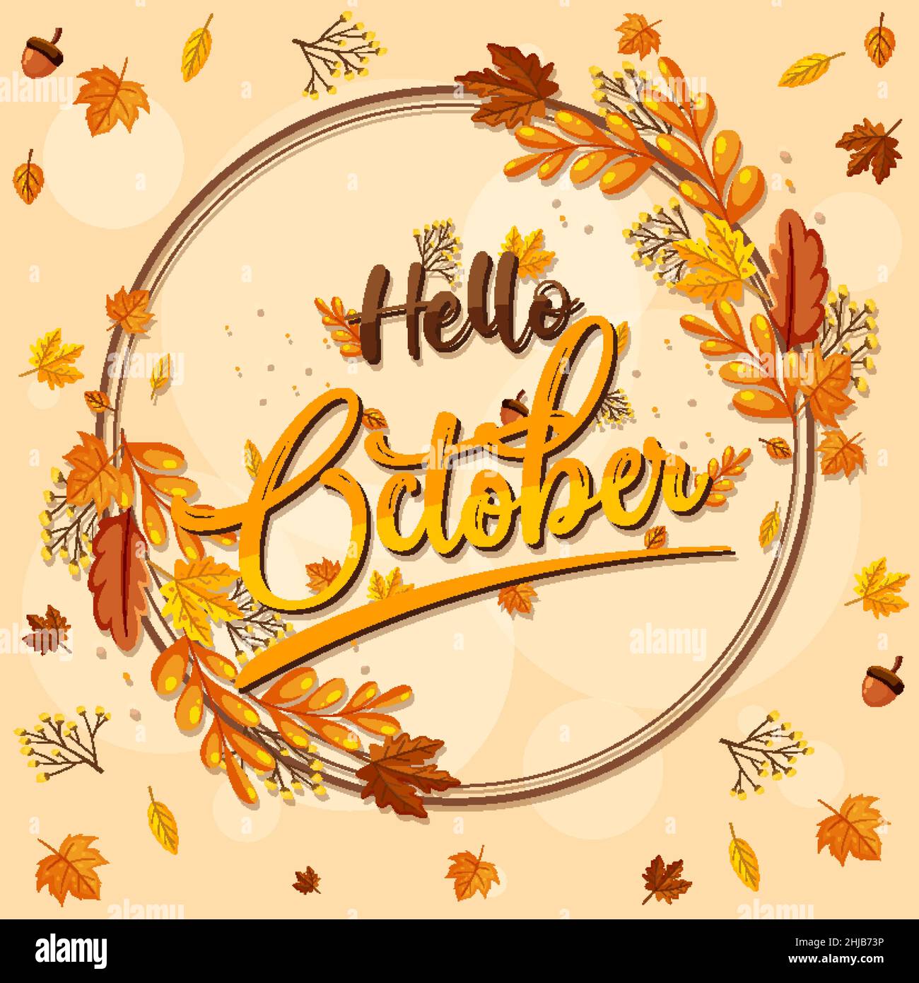 Hello October logo with ornamental autumn leaf illustration Stock ...