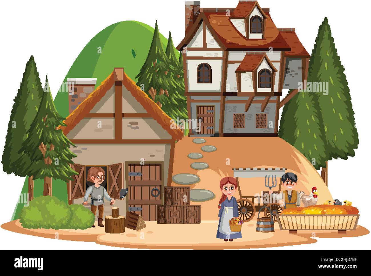 Isolated ancient medieval village and villager illustration Stock ...