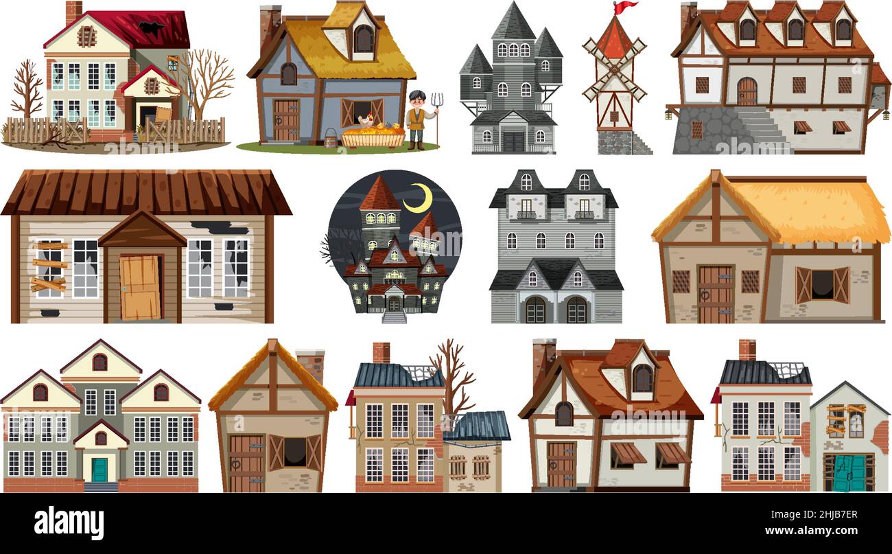Set of abandoned houses and buildings illustration Stock Vector Image ...