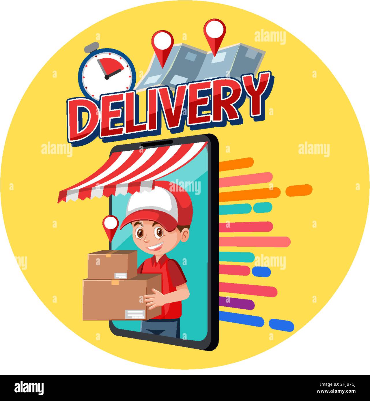 Delivery font logo with courier cartoon character illustration Stock ...
