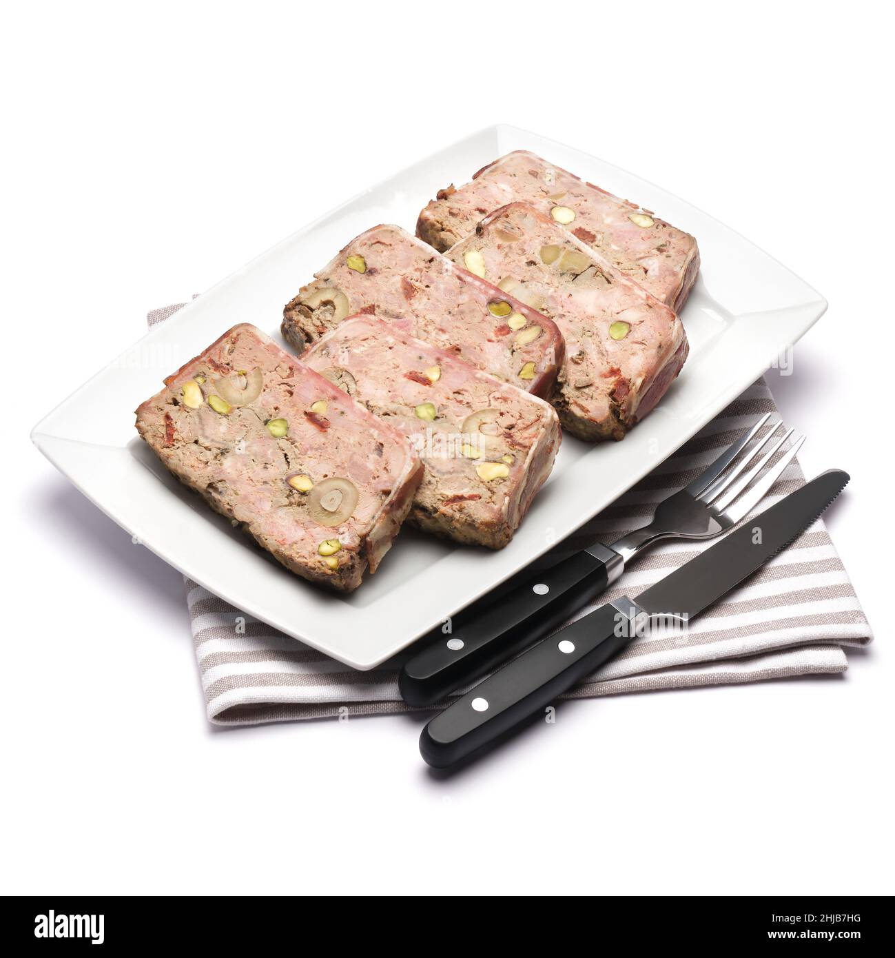 Sliced Traditional French terrine covered with bacon isolated on white ...