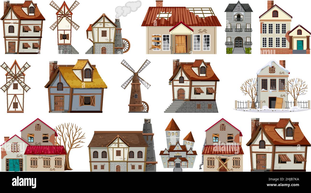 Set of abandoned houses and buildings illustration Stock Vector Image ...